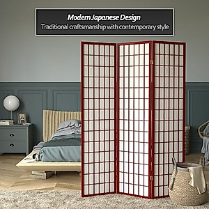 Red Lantern 6 ft. Tall Window Pane Shoji Screen-Rosewood-3 Panels Room Divider