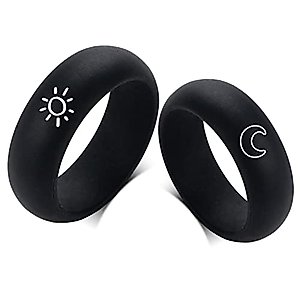 YUNGELX Sun Moon Best Friend Ring Silicone Couple Matching Ring Set for Him Her 8MM Black Breathable Silicone Rubber Dome Rings Comfort Fit Wedding Band for Girlfriend Boyfriend,Size 7 + Size 9