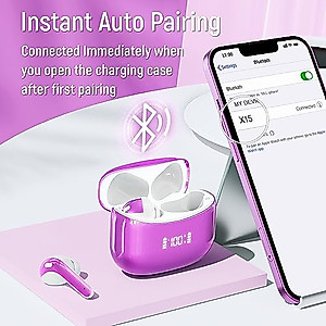 Bluetooth Headphones Wireless Earbuds 60H Playtime Ear Buds with LED Power Display Charging Case Earphones in-Ear Earbud with Microphone for Android Cell Phone Gaming Computer Laptop Sport Rose Purple