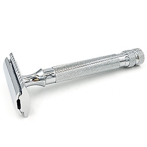 Parker 91R Double Edge Safety Razor – Three-Piece Heavyweight Safety Razor with Brass Frame & Chrome Plated Knurled Handle –5 Premium Parker Platinum Double Edge Razor Blades Included