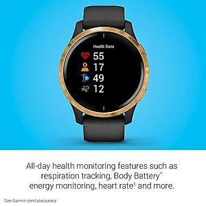 Garmin Venu GPS Smartwatch with Bright Touchscreen Display, Music, Body Energy Monitoring, Animated Workouts, Pulse Ox Sensor, Gold with Black Band (Renewed)