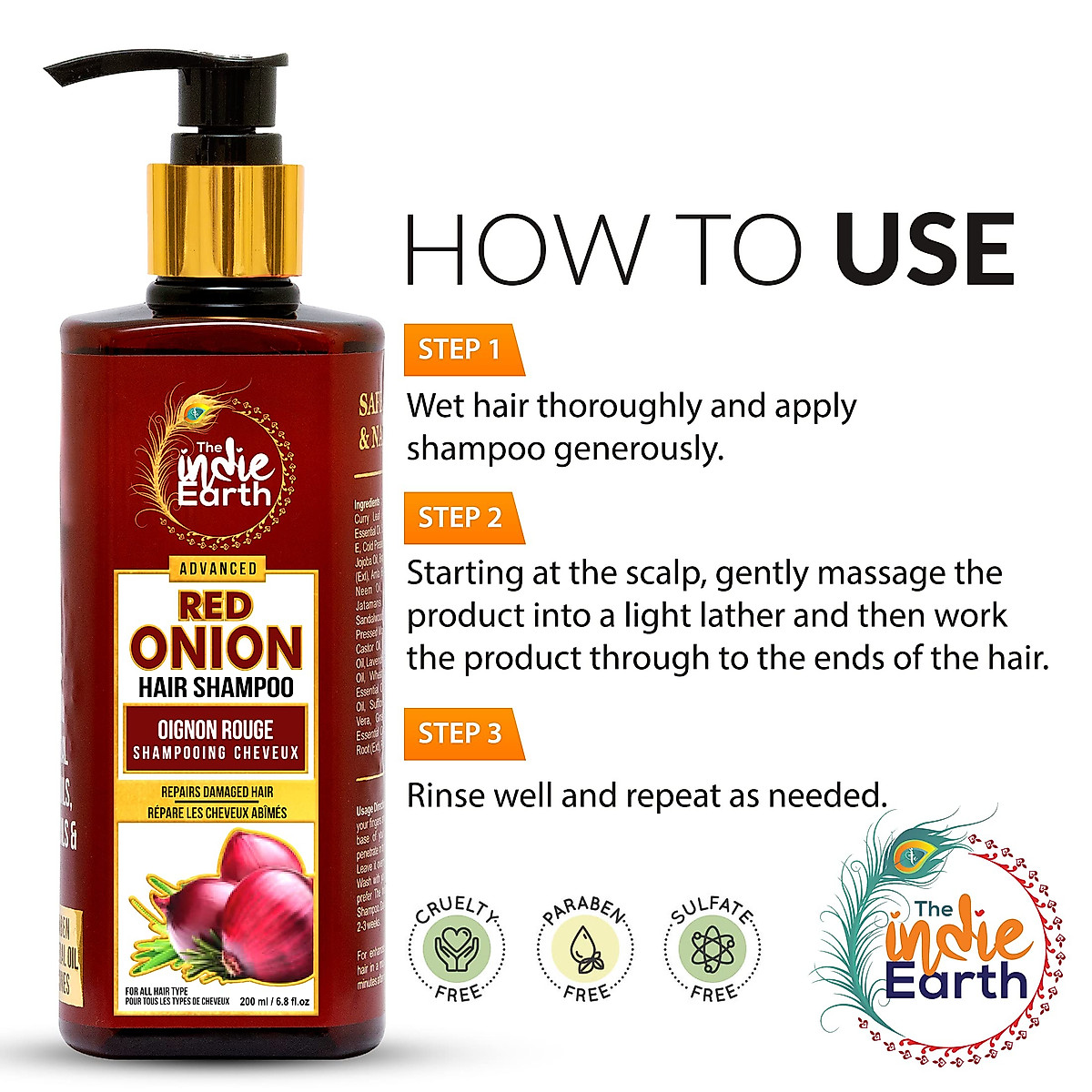 Red Onion Shampoo with Caffeine, Curry Leaf, and Indian Alkanet Root – Advanced Formula for Hair Fall Control, Split Ends Repair, and Dandruff Reduction – Gentle & Chemical-Free – 200ml