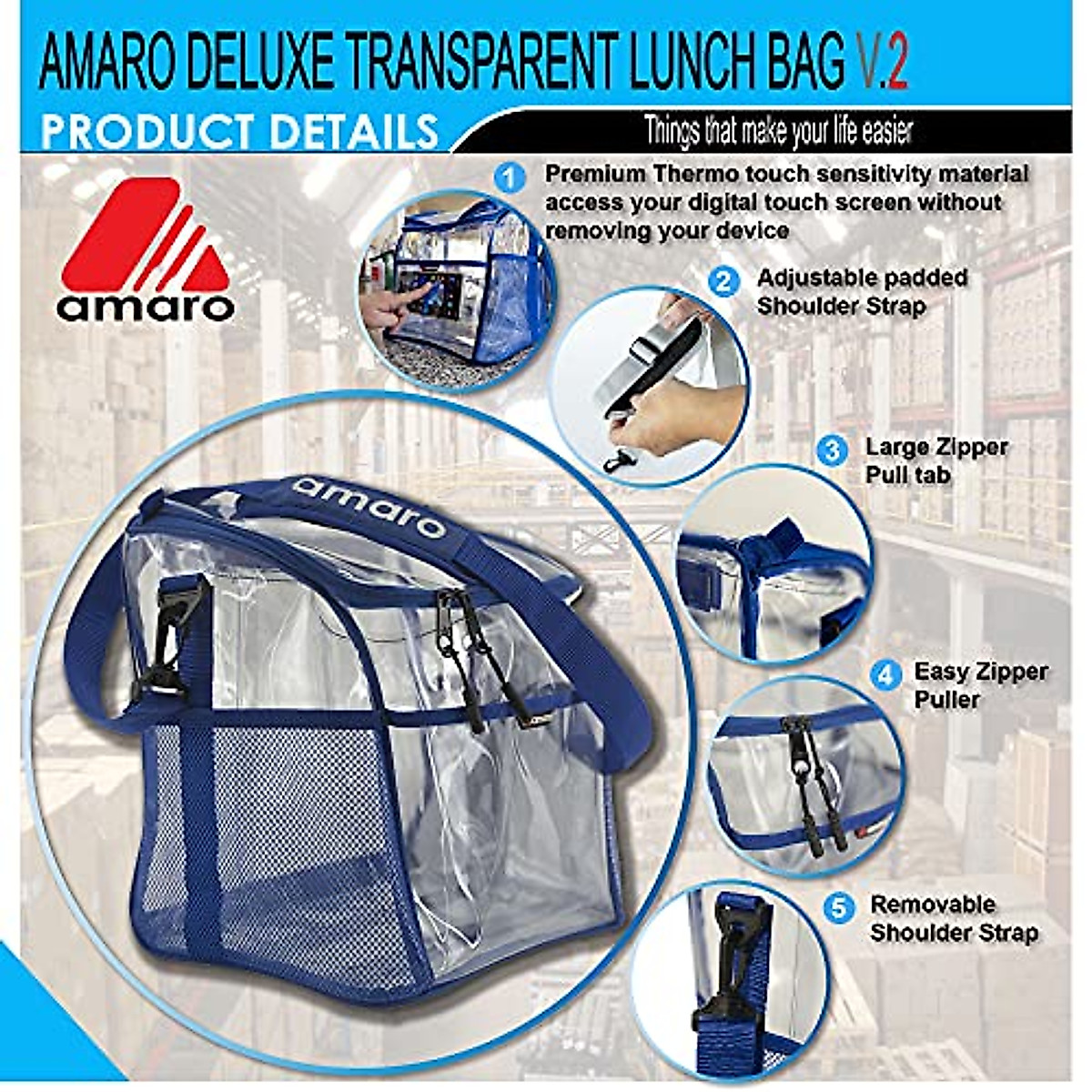 Amaro Delux 0.5mm Clear Lunch Bag for Adult V2 With Removable insert - Black Trim(XL)