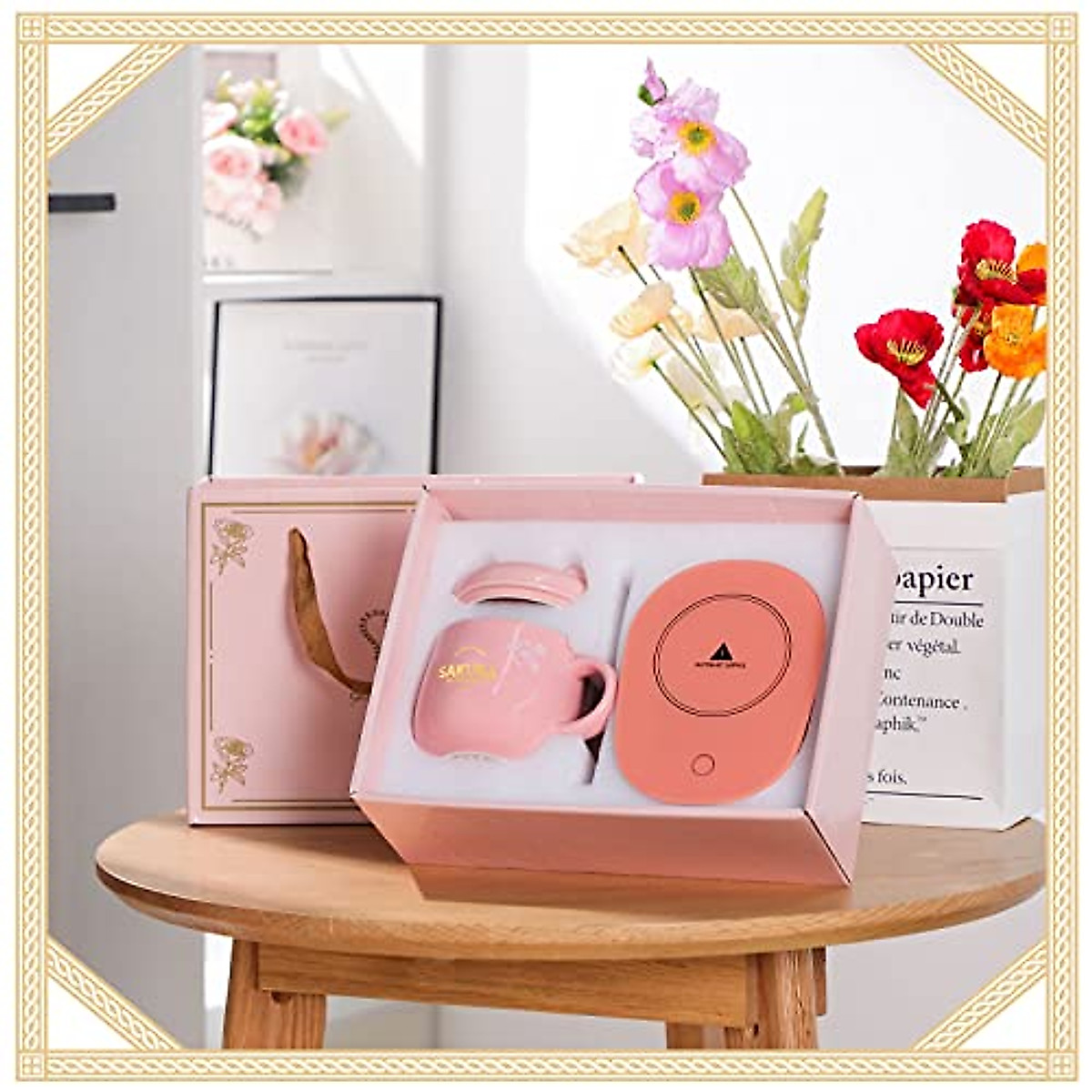 Coffee Cup Warmer Coffee Warmer with Mug for Women Electric Coffee Mug Heater Temperature Control Ceramic Cute Cat Smart Coffee Warmer for Office Desk Home Christmas Birthday Gift(Pink)