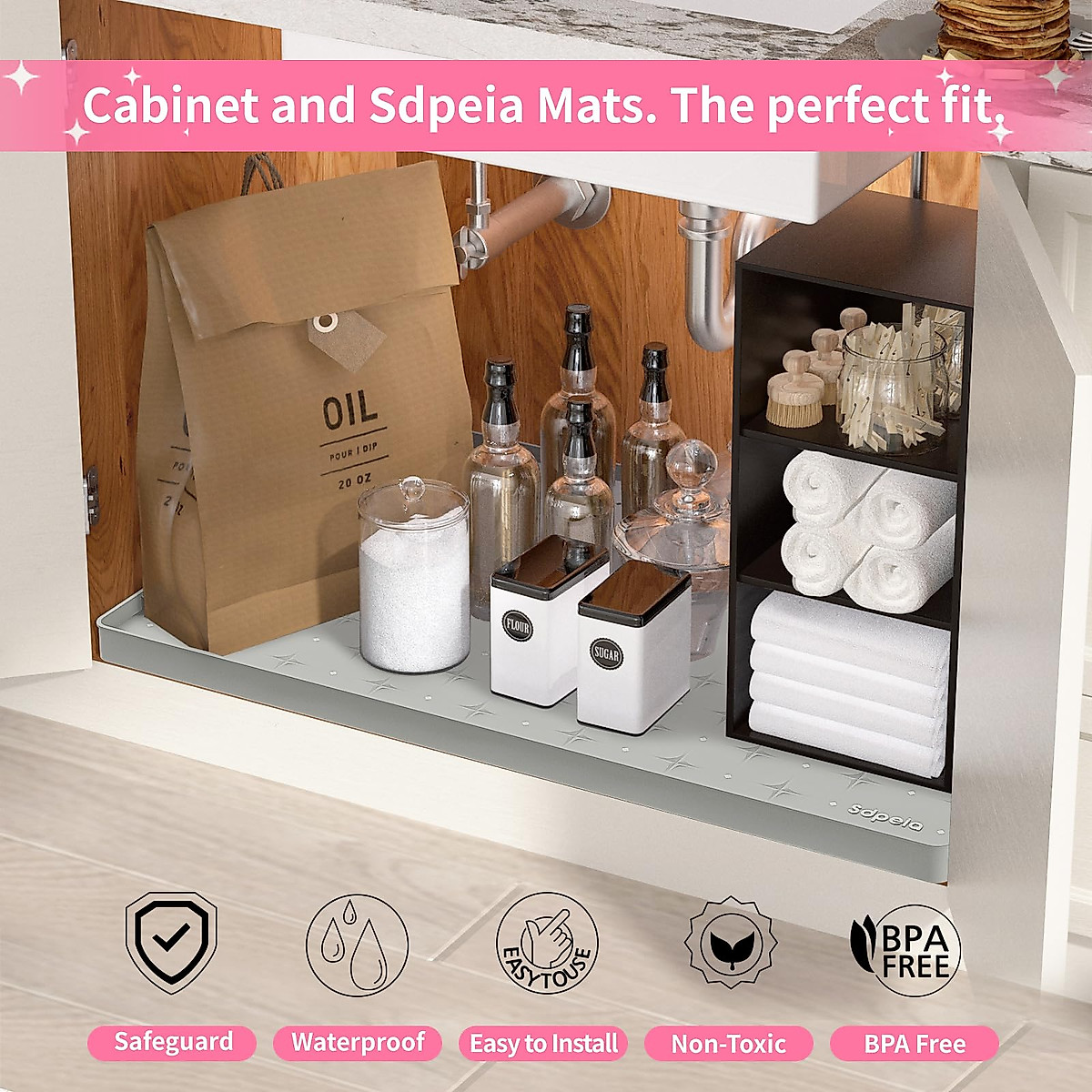 Sdpeia Under Sink Mat for [34" x 22"] Cabinet, Upgraded Silicone Waterproof Mat Kitchen Cabinet Liner Cabinet Protector Kitchen Organizers and Storage