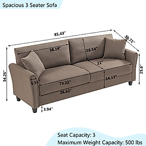 mikibama 85 Inches Mid-Century Modern Couch 3 Seater Long Sofa with 2 Throw Pillows Linen Fabric Upholstered Sofa with Rolled Armrest for Living Room, Bedroom (Light Brown)
