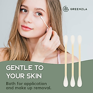 Greenzla Organic Cotton Swabs 600 Pack - Biodegradable Vegan Bamboo Cotton Buds with Plant-Based Packaging, Wooden Ear Swabs with Soft & Gentle Cotton Tips, Comes with Eco-Friendly Cotton Swab Holder