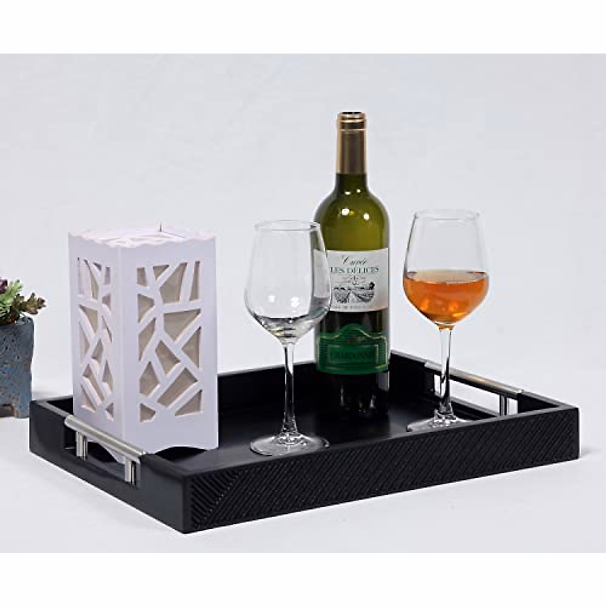 Serving Tray with Polished Metal Handles, 16.5''x12'' Rectangle Coffee Table Tray, Modern Decorative Tray, Large Ottoman Tray, Perfect for Storage and Display (Black)