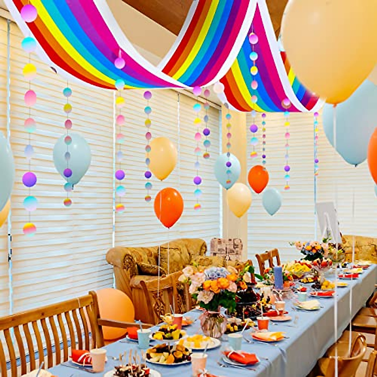 Spiareal Hanging Rainbow and Cloud Ceiling Decorations Rainbow Party Ceiling Decorations with Rainbow Paper Garland Circle Dots Rainbow Party Decorations for Birthday Wedding, Baby Shower, Classroom Streamers