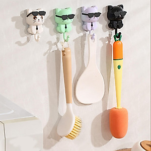 Cool Cat Key Holder, Cat Key Holder, Cute Key Holder for Wall, Cute Cat Key Hook, Cat Key Holder Wall Mount,Cute Sunglasses Cat Adhesive Coat Hooks for Hanging Key, Bag, Hat, Towel (2PCS-D)