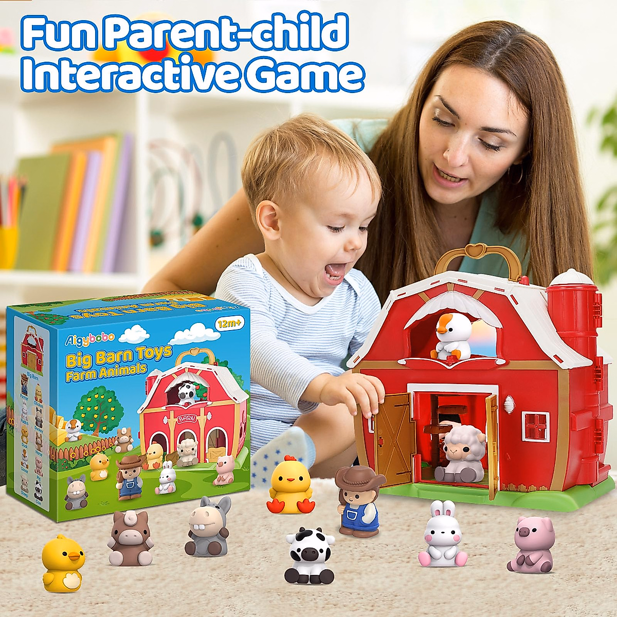 Aigybobo Farm Animals Big Barn Toys for 1 2 3 Year Old, Toddler Montessori Learning Toy, Farm Playset with Animal Figures and DIY Stickers, Christmas Birthday Gift for Baby Boys Girls Age 12-18 Months