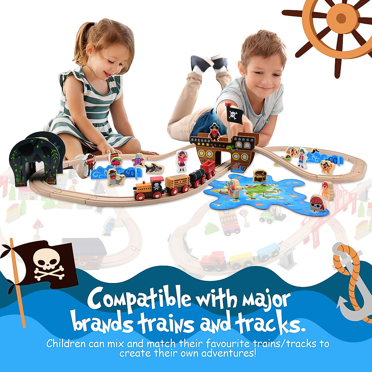 Pidoko Kids Pirate Theme Wooden Train Set - 72 Pcs - Includes Magnet Fishing Poles - Set compatible with all major brand tracks and trains
