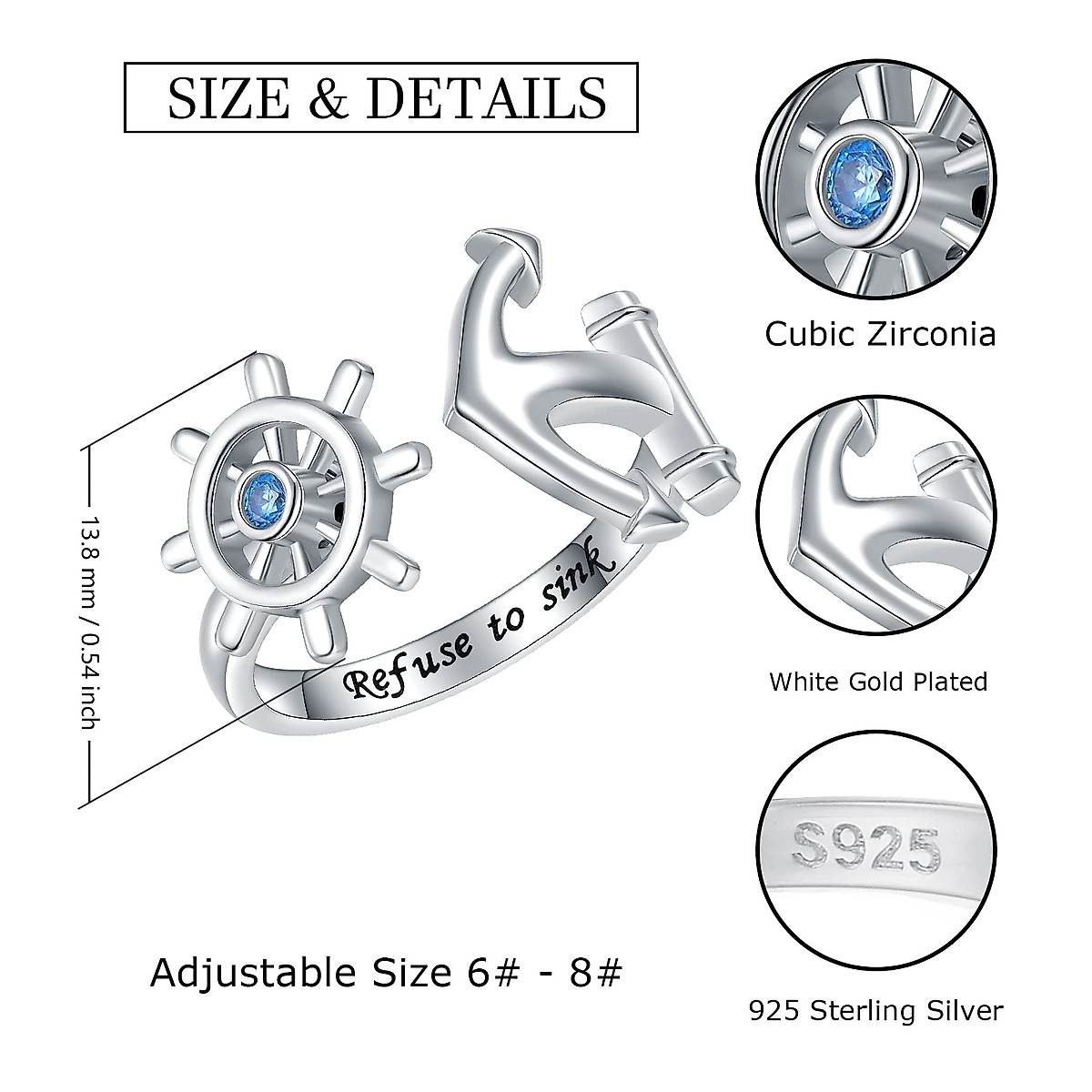 925-Sterling-Silver Anchor Ring for Women - Adjustable Fidget Anxiety Ring Ship Wheel Ring Spinning Ring Anchor Jewelry For Teens (Spinning Wheel Anchor Ring)