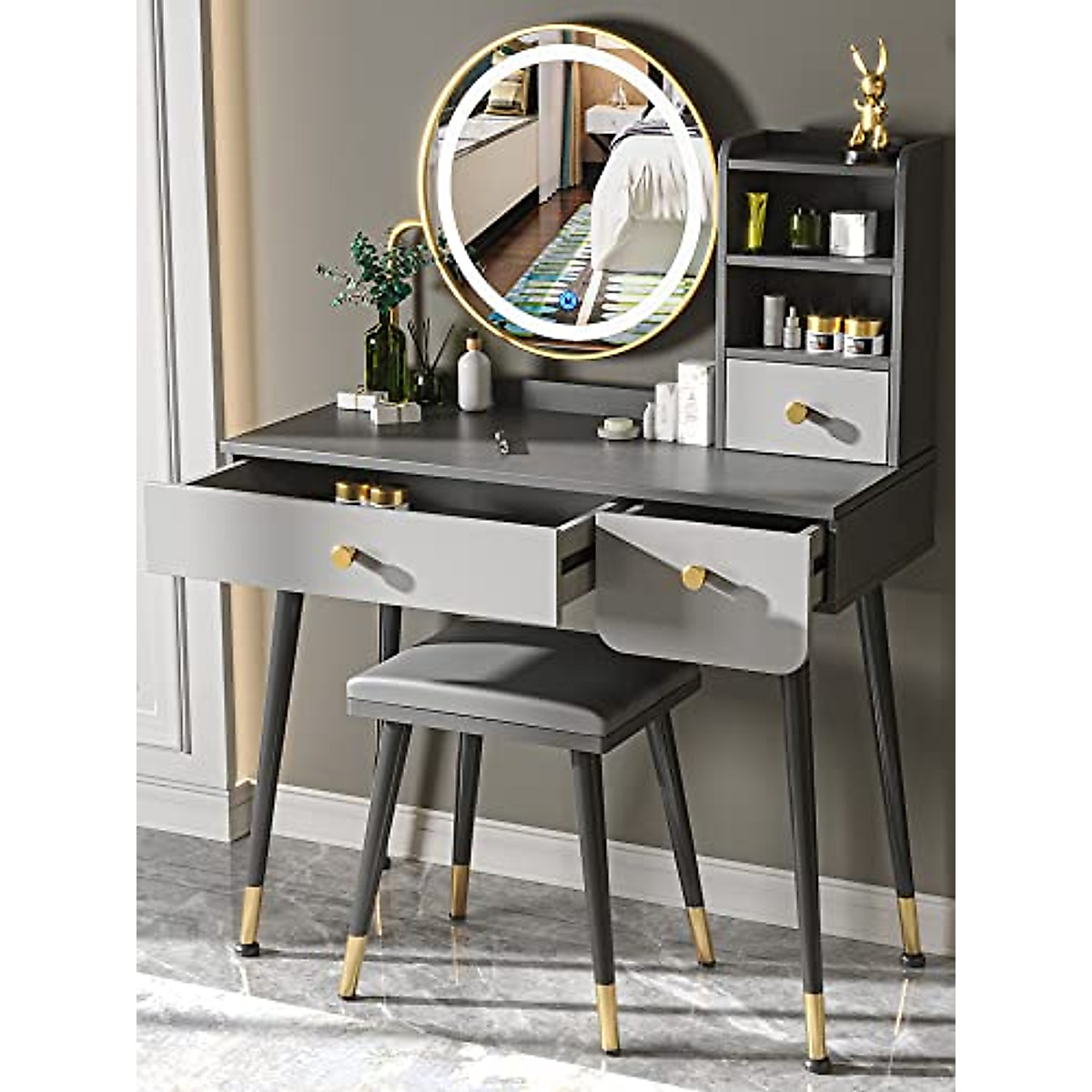 Redsun Vanity Table Set with 3 Color Touch Screen Dimming Mirror,Makeup Dressing Table with 3 Sliding Drawers and Cushioned Stool,Dresser Desk for Women/Girls (Silver Gray, 15.7Wx35.4L)…