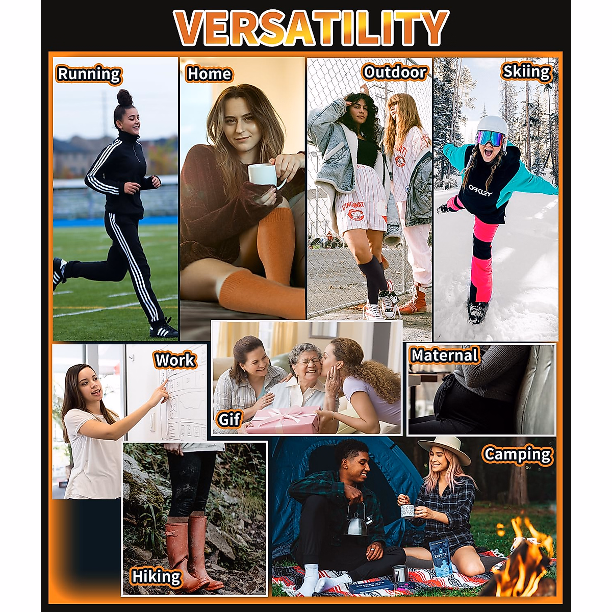 Aoliks Black Warm Socks for Women,Thermal Knee High Socks Cotton Long Socks for Running Hiking Skiing Gifts