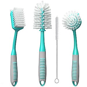 Dish Brush Set of 4 with Bottle Water Brush, Dish Scrub Brush, Scrubber Brush and Straw Brush - Kitchen Scrub Brushes Ergonomic Non Slip Long Handle for Cleaning Cleaner Wash Dish Sink Dishes Cup Pot