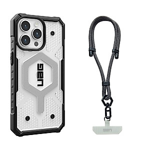 URBAN ARMOR GEAR UAG Designed for iPhone 15 Pro Max Case Pathfinder Clear Ice/Silver 6.7" Bundle with UAG Civilian Phone Lanyard Adjustable Wrist Strap Graphite/Black