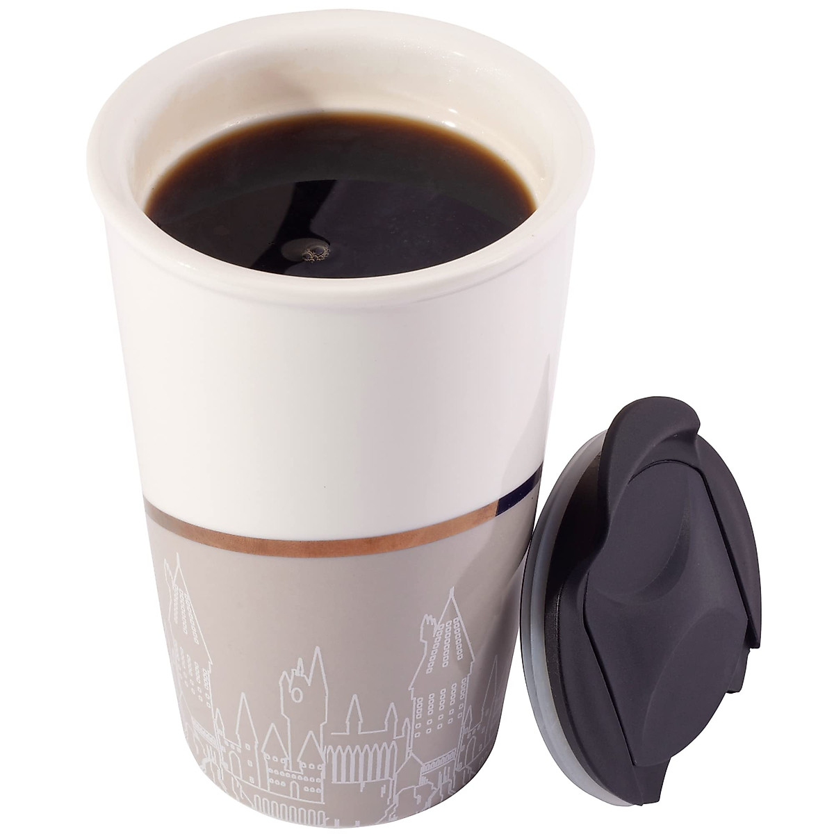 Seven20 Harry Potter Hogwarts Travel Coffee Mug, 14oz - Insulated, Ceramic Cup with Lid - Gold and Gray Hogwarts Design - Gift for Teens and Adults