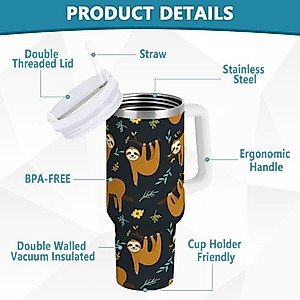 MCHIVER Cute Sloth 40 oz Tumbler with Handle and Straw Stainless Steel Vacuum Water Bottle Leak-proof Travel Coffee Mug Insulated Water Bottle for Office Home Car