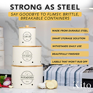 Kito LIVING Canister Sets For Kitchen Counter, 3 Piece Garlic Potato Onion Keeper Kitchen Canisters for Pantry Organization and Storage Bins with Wooden Bamboo Lids, Kitchen Organization (Cream)