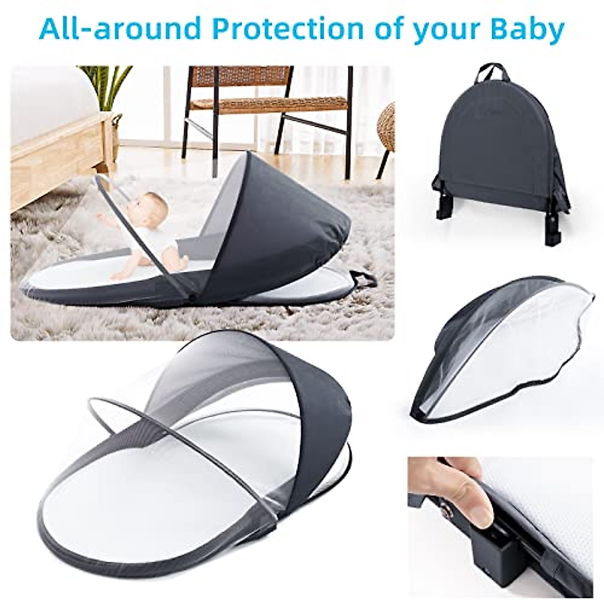 Sporary Baby Travel Portable Baby Pod - Folding Mini Crib with Mosquito Net Lightweight Washable Foldable