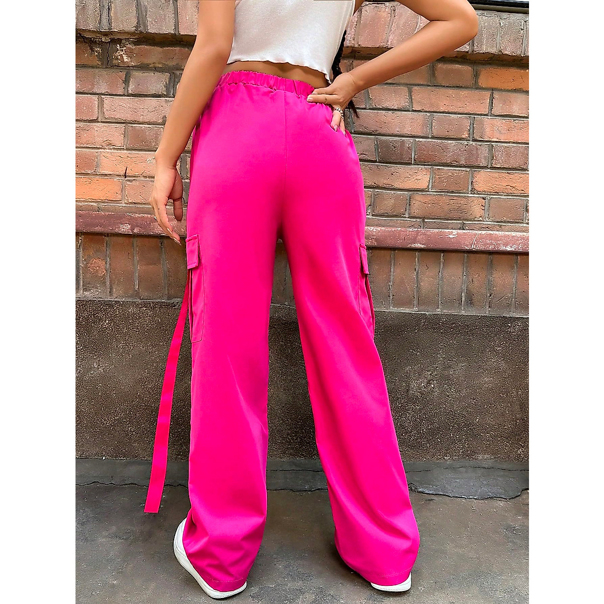 SweatyRocks Women's Casual Drawstring Waist Solid Cargo Pants High Waist Long Pants with Flap Pockets Hot Pink S