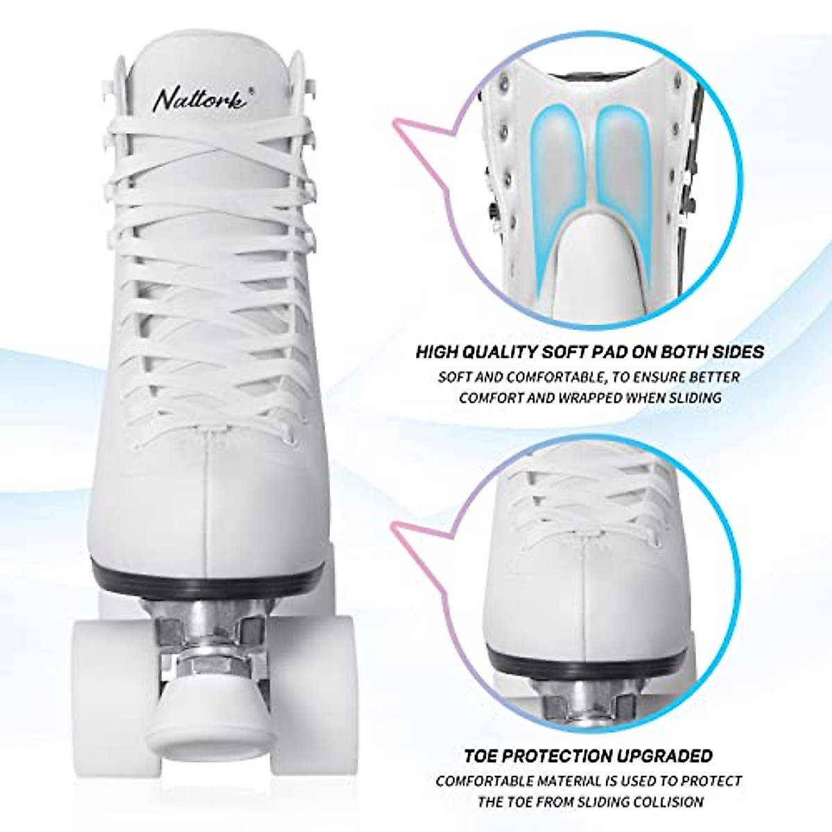 Nattork Roller Skates for Women and Girls, PU Leather High-top Quad Skates for Beginner, Indoor Outdoor Double-Row Skates for Adults - White