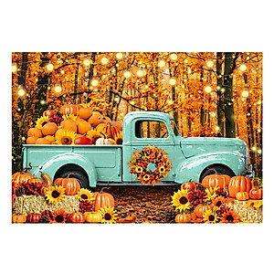 Funnytree 82" x 59" Autumn Forest Blue Truck Backdrop for Portrait Photography Picture Fall Harvest Pumpkin Farm Thanksgiving Day Baby Shower Friendsgiving Party Supplies Decoration Banner Background