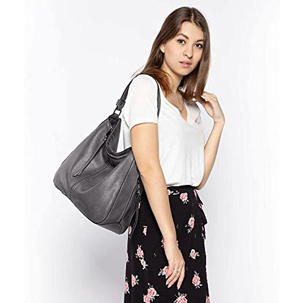 Handbags for Women Large Designer Ladies Hobo bag Bucket Purse Faux Leather (Grey)