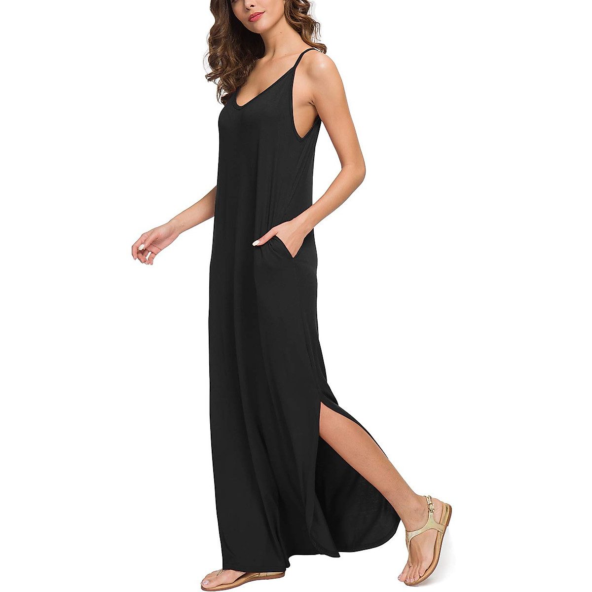 GRECERELLE Women's Summer Casual Loose Dress Beach Cover Up Long Cami Maxi Dress with Pocket Black-X-Large