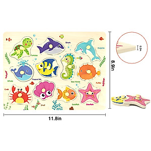 Wooden Peg Puzzle, Sea Creature Chunky Baby Puzzles, Colorful Wood Shape Puzzle Peg Board, Animal Knob Puzzle for Educational Toddlers 18 Months and Up, 11 Pieces