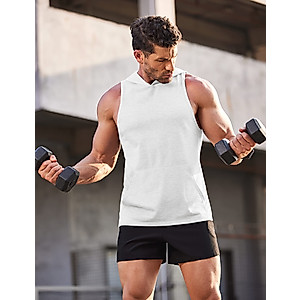 COOFANDY Men's Workout Hooded Tank Tops Bodybuilding Muscle Cut Off T Shirt Sleeveless Gym Hoodies White