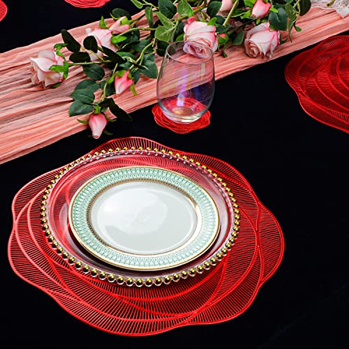 Snowkingdom Red Placemats and Coasters Set of 6 Pressed Metallic Vinyl 15 inch Rose Round Place Mats Dining Table Mats Dinning Table Centerpiece