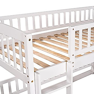 VilroCaz Twin Over Twin Low Bunk Bed with Door Openable Fence, Versatile Bunk Bed with Slide and Built-in Ladder, Solid Wood Bunk Bed Frame for Kids Teens Boys Girls (White)