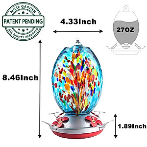 Muse Garden Hummingbird Feeders for Outdoors Hanging, Blown Glass Hummingbird Feeder, for Garden Backyard Decor, Unique Gifts Idea for Mom Older Women, 27OZ, Blue Fireworks