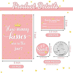 555 Pcs How Many Kisses Baby Shower Games, Pink and Gold Standing Sign Guessing Cards Baby Shower Kisses Stickers for Kids Girl Birthday Baby Shower Sprinkle Party Decoration (No Candy and Jar)