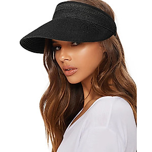 FURTALK Hat Straw Sun Visors, Summer Packable Ponytail Beach Hats for Women Travel UPF 50+ A Black