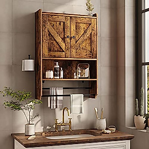 Rolanstar Bathroom Cabinet Wall Mounted with 2 Doors, Medicine Cabinet with Large Space, 4-Tier Over The Toilet Space Saver Storage Cabinet with Toilet Paper Holder and 2 Towels Bar, Rustic Brown