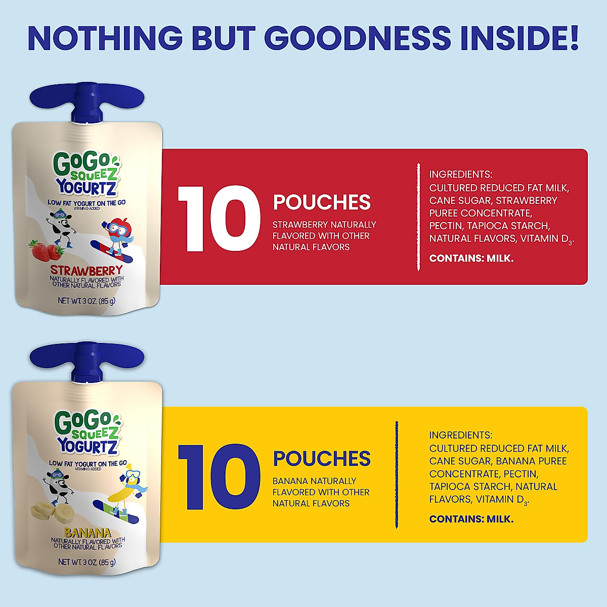 GoGo squeeZ yogurtZ Variety Pack, Strawberry & Banana, 3 oz (Pack of 20), Kids Snacks Made from Real Yogurt and Fruit, No Fridge Needed, Gluten Free, Nut Free, Recloseable Cap, BPA Free Pouches