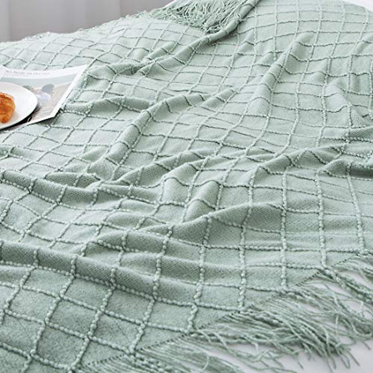 TREELY Aqua Throw Blanket with Fringe Tassels Knitted Throw Blanket Textured Solid Decorative Knit Blanket for Bed Couch, 50" x 67.7", Aqua