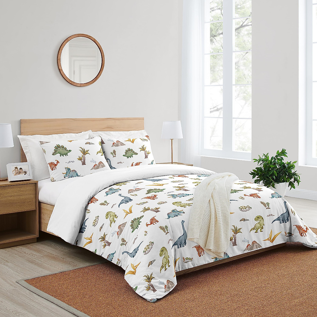Sweet Jojo Designs Watercolor Dinosaur Dino Boy Queen Comforter Set Full Size Bedding Kids Teen Adult Bed Room 3p Green Slate Blue White Modern Dinosaurs Jurassic Nature Animal Steel Turquoise Yellow