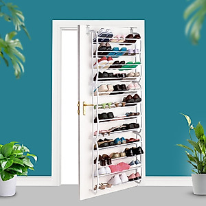 Zorpupoa Over the Door Shoe Rack, 12 Layers 36 Pair Shoes Wall Hanging Shelf Storage Shoe Organizer, Fold-up Non-slip Bars, White