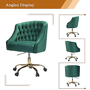 Velvet Home Office Chair with Gold Base, Comfortable Modern Cute Desk Chair, Adjustable Swivel Task Chair for Living Room Bedroom Vanity Study, Green