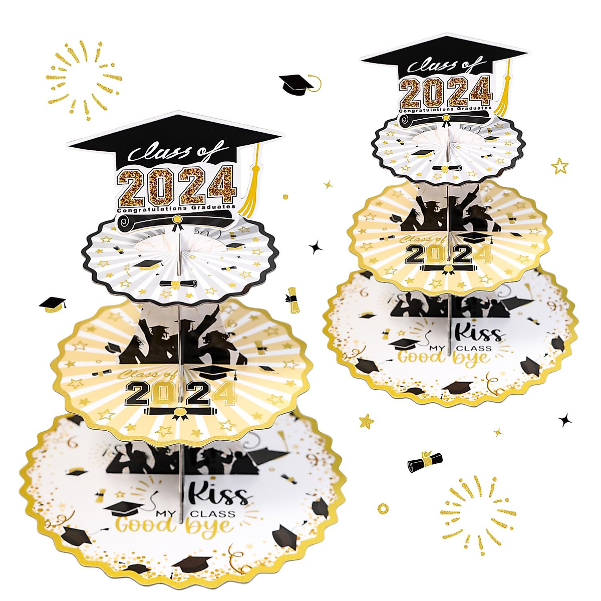 Set of 2 Graduation Cupcake Stand for 50 Cupcakes Black Gold Graduation Cap Decorations Cardboard Cake Dessert Holder Tower for Class of 2024 Congrats Grad Party Supplies