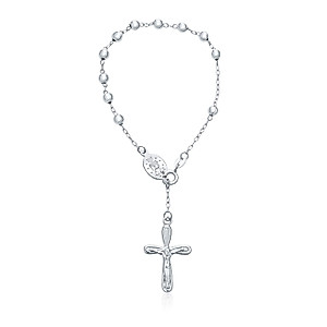 Bling Jewelry Religious Jesus Crucifix Infinity Cross Virgin Mary Rosary Prayer Beads .925 Sterling Silver Bracelet For Women Communion 3MM Bead 7 Inch