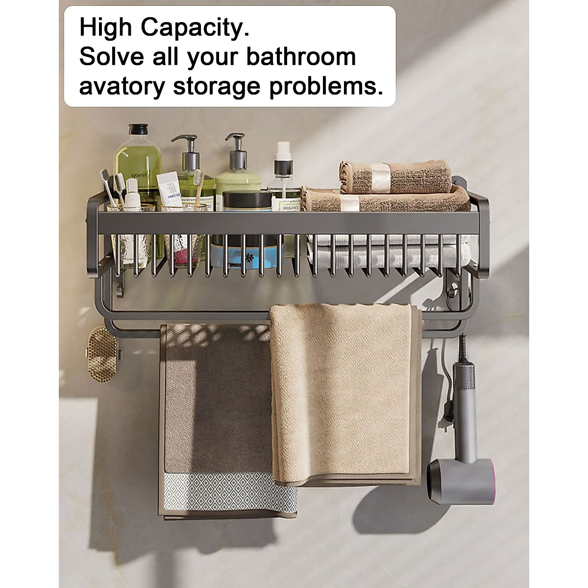 xicveiuz 23 Inches Bathroom Shelves, Shower Shelf with 2 Towel Bar, Towel Rack with Shelf, Towel Holder with Hooks for Bath Wall Mounted, Bathroom Towel Organizer Storage for Towels, Black