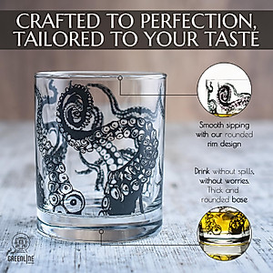 Greenline Goods Whiskey Glasses - 10 Oz Tumbler Gift Set – Kraken Whiskey Glasses (Set of 2) | Rocks Glass Octopus Decor | Old Fashioned Rocks Glasses