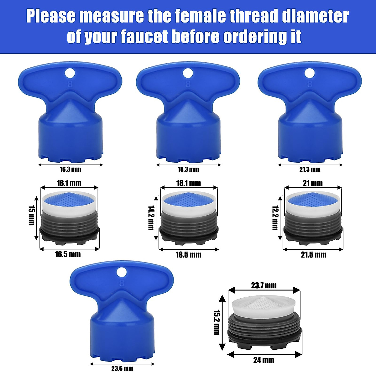12 Pieces Faucet Cache Aerators with Faucet Aerator Removal Tool Water Saving Flow Restrictor Set Replacement Part for Bathroom or Kitchen,4 Size(M16.5 18.5 21.5 24 mm)
