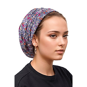 Ermandina Floral Head Covering for Women Tichel Slouchy Beanie Beret Snood Headcovering (Blue)