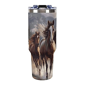 LLUTSNTH 40 Oz Vacuum Tumbler with White Handle Leakproof Insulated Tumbler Horses Stainless Steel Travel Mug with Lid And Straw Coffee Cup Cute Water Bottles Cup Holder Friendly